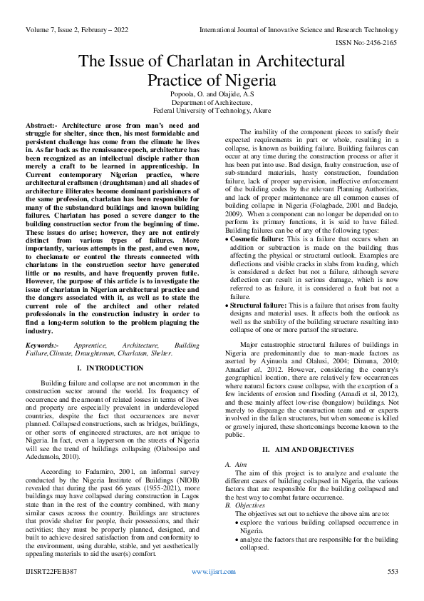 (PDF) The Issue of Charlatan in Architectural Practice of Nigeria