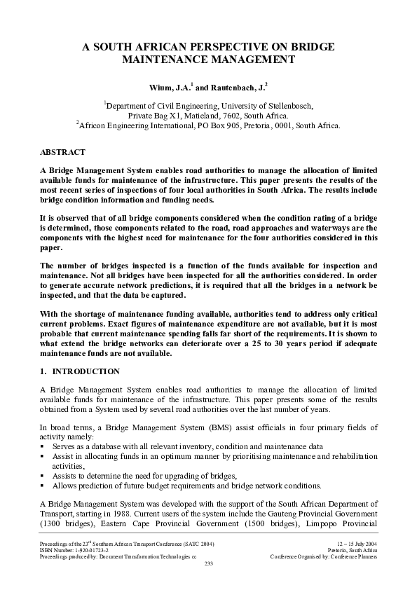 (PDF) A South African perspective on Bridge maintenance management ...