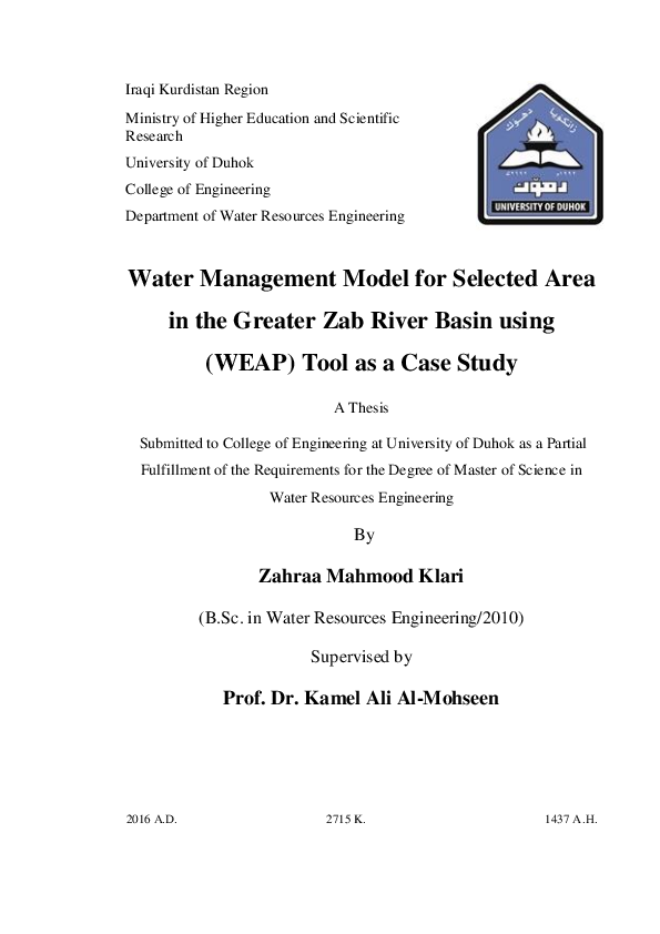 (PDF) Water Management Model for Selected Area in the Greater Zab River Basin using (WEAP) Tool ...