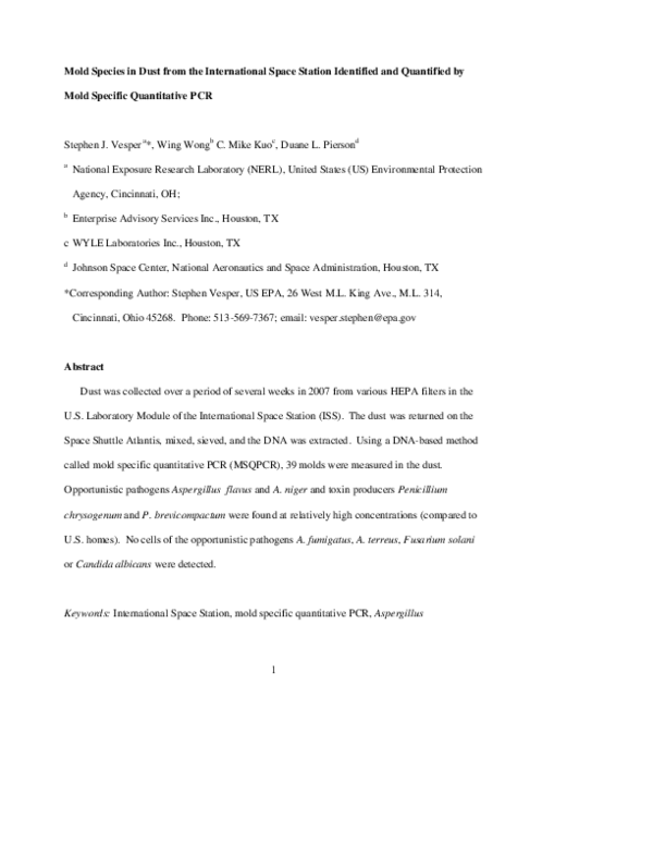(PDF) Mold species in dust from the International Space Station ...