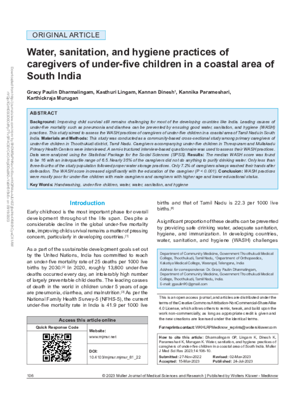 (PDF) Water, sanitation, and hygiene practices of.