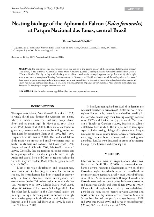 (PDF) Nesting biology of the Aplomado Falcon (Falco femoralis) at ...