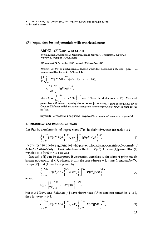 (PDF) L p inequalities for polynomials with restricted zeros