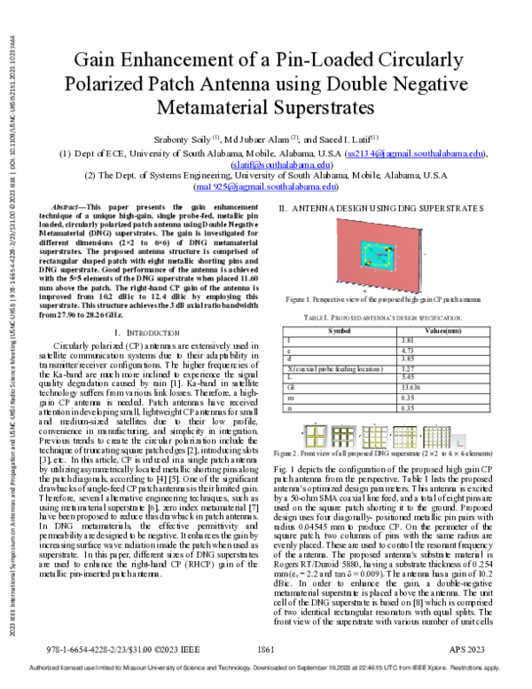(PDF) Gain Enhancement of a Pin-Loaded Circularly Polarized Patch Antenna using Double Negative ...