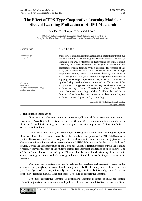 (PDF) The The Effect of TPS-Type Cooperative Learning Model on Student ...