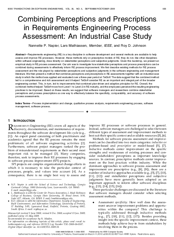 (PDF) Combining Perceptions and Prescriptions in Requirements Engineering Process Assessment: An ...