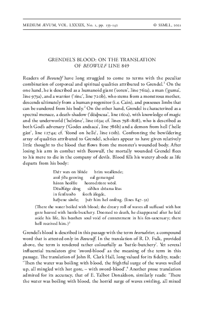 (PDF) Grendel's Blood: On The Translation of Beowulf Line 849