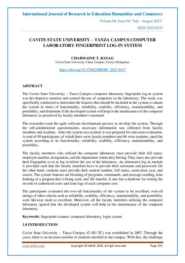 (PDF) Cavite State University – Tanza Campus Computer Laboratory Fingerprint Log-In System