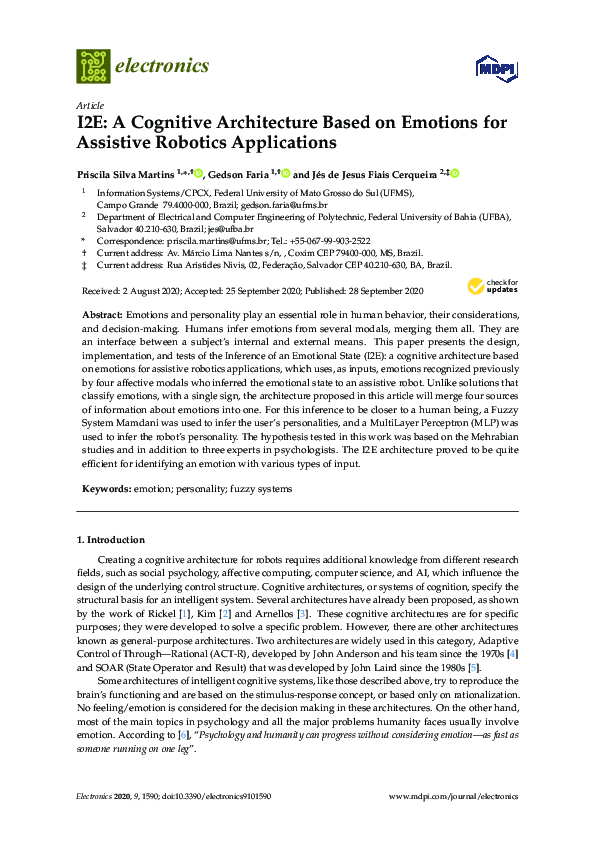 (PDF) I2E: A Cognitive Architecture Based on Emotions for Assistive Robotics Applications