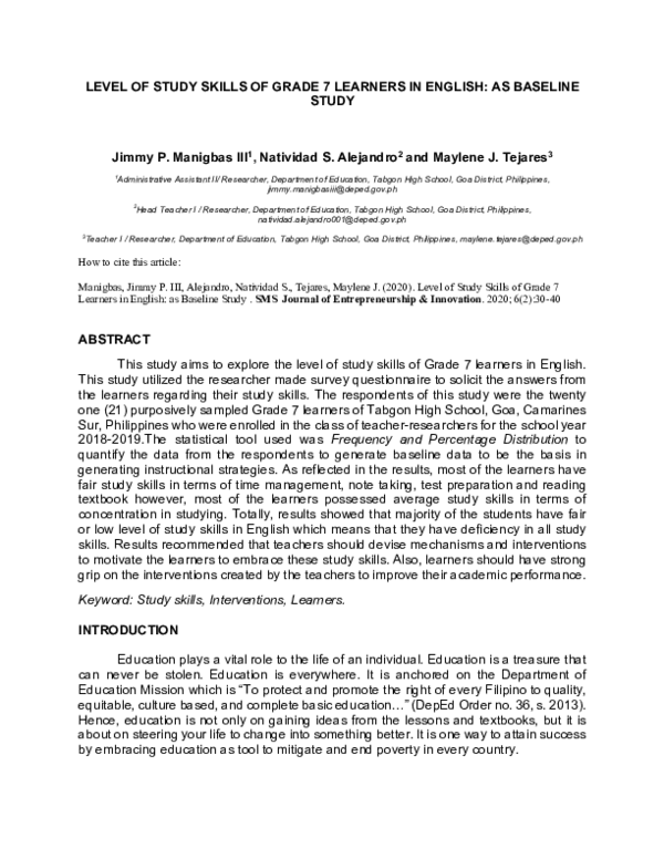 (PDF) LEVEL OF STUDY SKILLS OF GRADE 7 LEARNERS IN ENGLISH: AS BASELINE STUDY