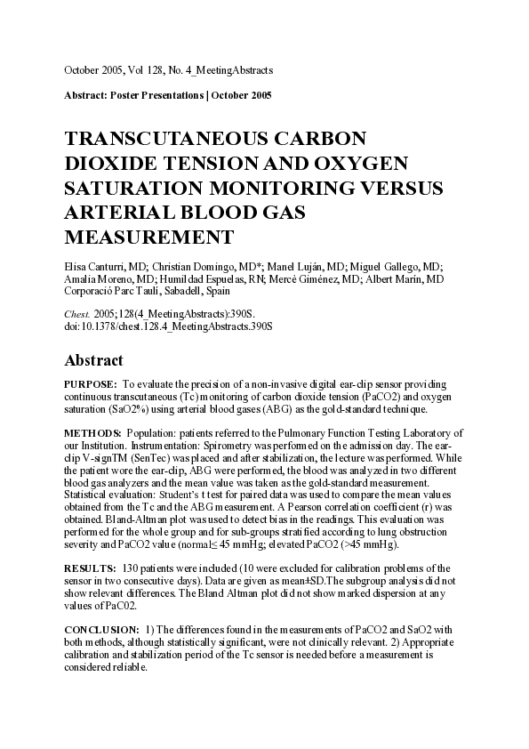 Pdf Transcutaneous Carbon Dioxide Tension And Oxygen Saturation Monitoring Versus Arterial