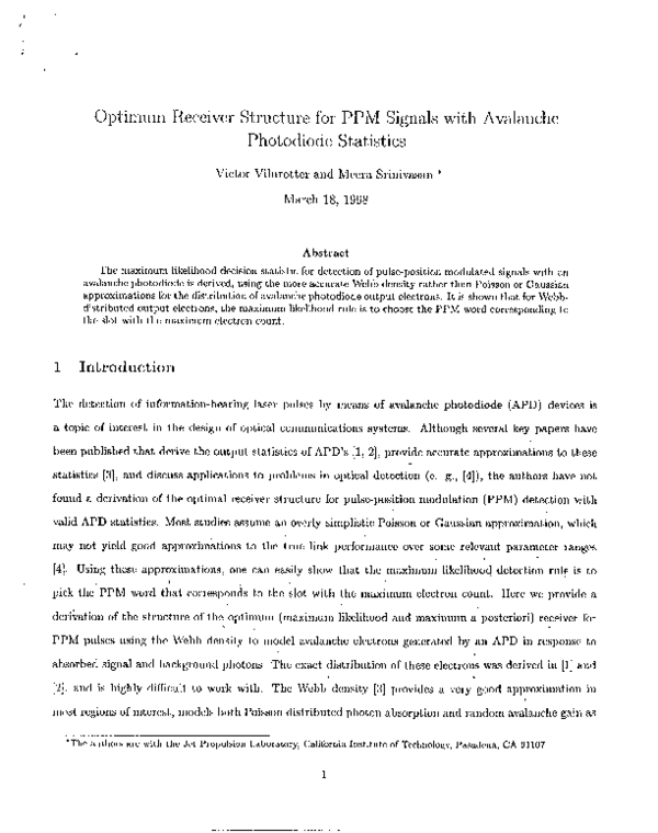 (PDF) Optimum Receiver Structure for PPM Signals with Avalanche Photodiode Statistics