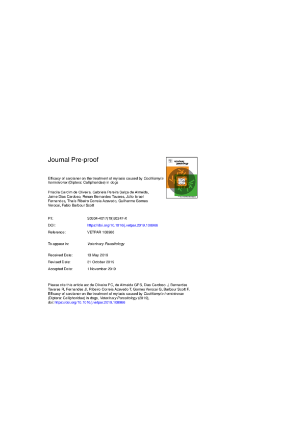 (PDF) Efficacy of sarolaner on the treatment of myiasis caused by ...