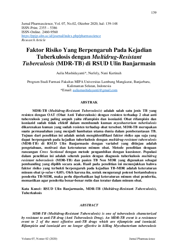 (PDF) Faktor Risiko Yang Berpengaruh Pada Kejadian Tuberkulosis dengan ...