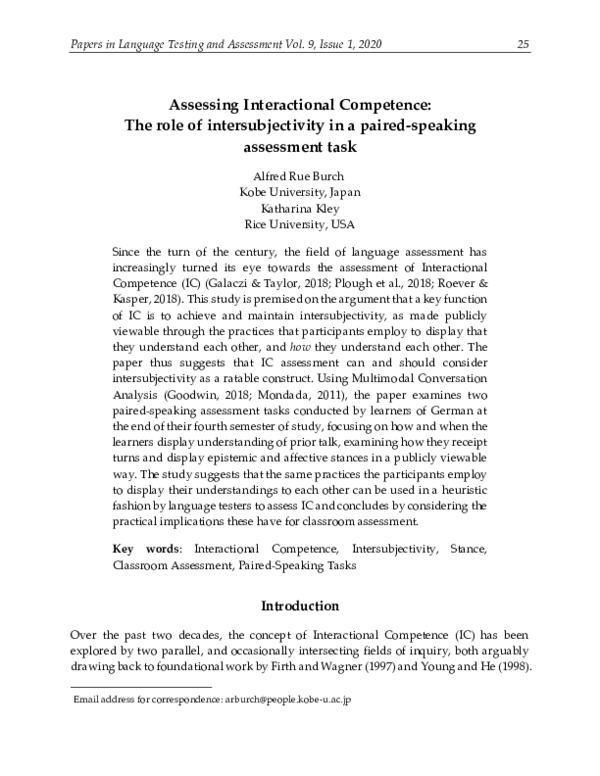 (PDF) Assessing Interactional Competence: The role of intersubjectivity in a paired-speaking ...