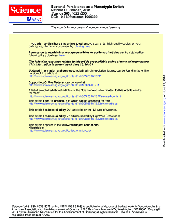 (PDF) Bacterial Persistence as a Phenotypic Switch | N. Balaban ...