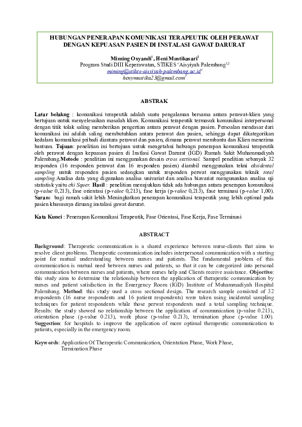 (PDF) Hubungan Penerapan Komunikasi Terapeutik Oleh Perawat Dengan Kepuasan Pasien DI Instalasi ...
