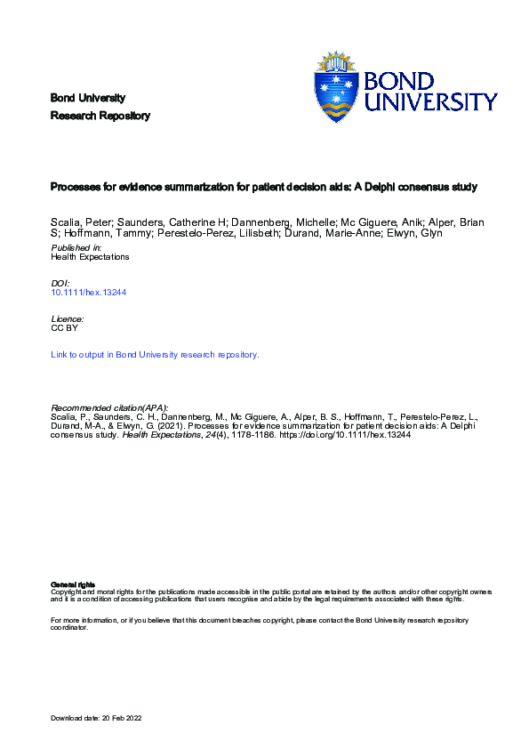 (PDF) Processes for evidence summarization for patient decision aids: A Delphi consensus study