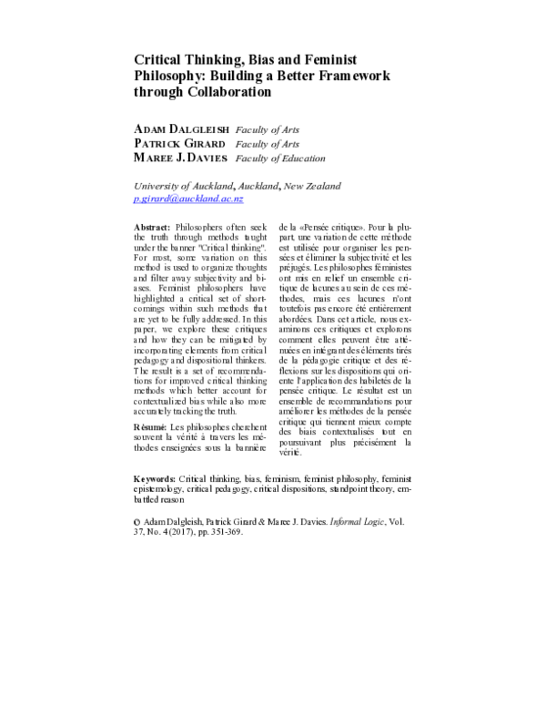 (PDF) Critical Thinking, Bias and Feminist Philosophy: Building a ...