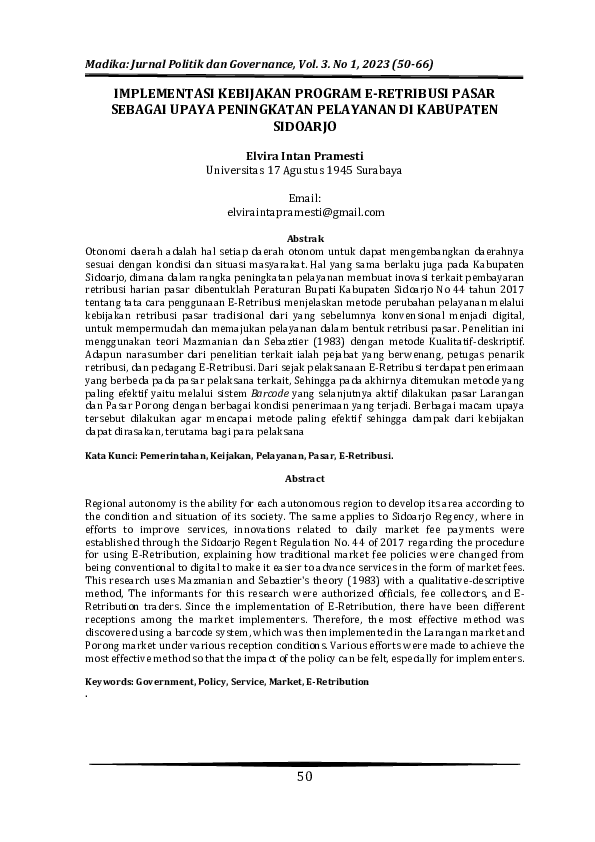 (PDF) Implementasi Kebijakan Program E-Retribusi Pasar Sebagai Upaya Peningkatan Pelayanan DI ...