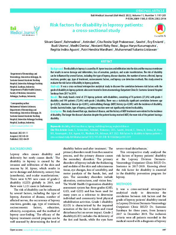 (PDF) Risk factors for disability in leprosy patients: a cross ...