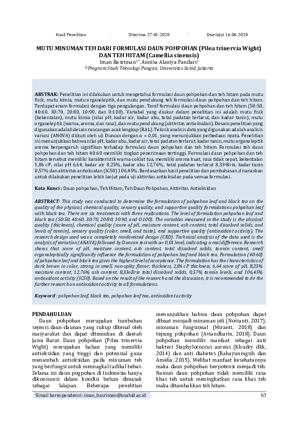 (PDF) MUTU MINUMAN TEH DARI FORMULASI DAUN POHPOHAN (Pilea trinervia ...