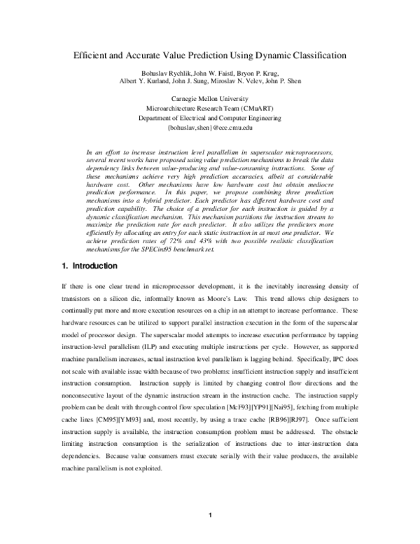 Pdf Efficient And Accurate Value Prediction Using Dynamic Classification