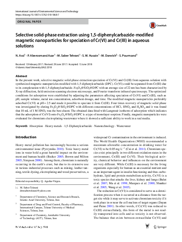 (PDF) Selective solid-phase extraction using 1,5-diphenylcarbazide-modified magnetic ...