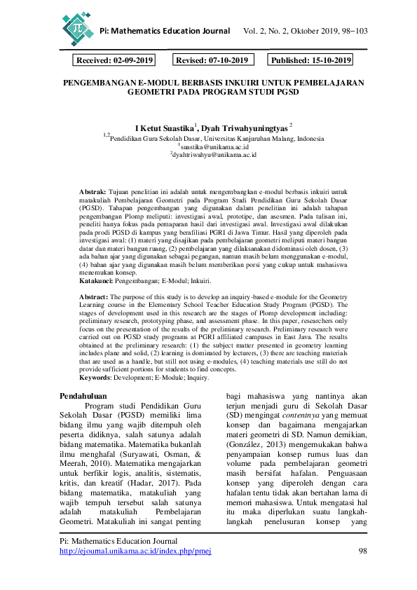(PDF) Pengembangan E-Modul Berbasis Inkuiri Untuk Pembelajaran Geometri Pada Program Studi PGSD