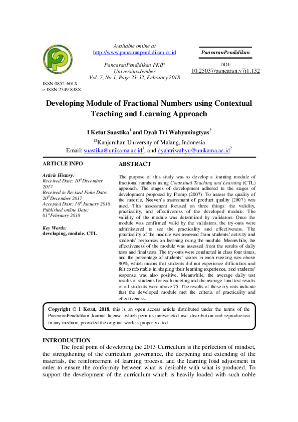 (PDF) Developing Module of Fractional Numbers using Contextual Teaching ...