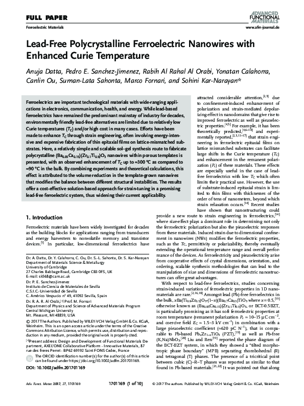 (PDF) Lead‐Free Polycrystalline Ferroelectric Nanowires with Enhanced ...