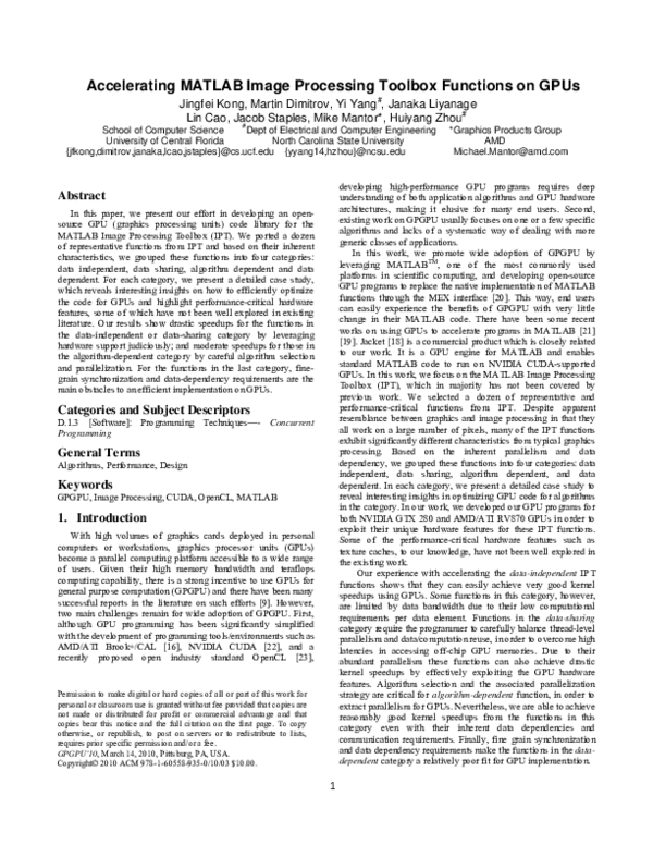 Pdf Accelerating Matlab Image Processing Toolbox Functions On Gpus