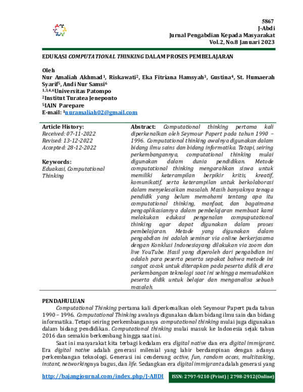 (PDF) Edukasi Computational Thinking Dalam Proses Pembelajaran