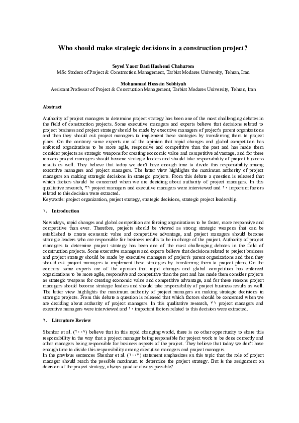 (PDF) Who Should Make Strategic Decisions in a Construction Project