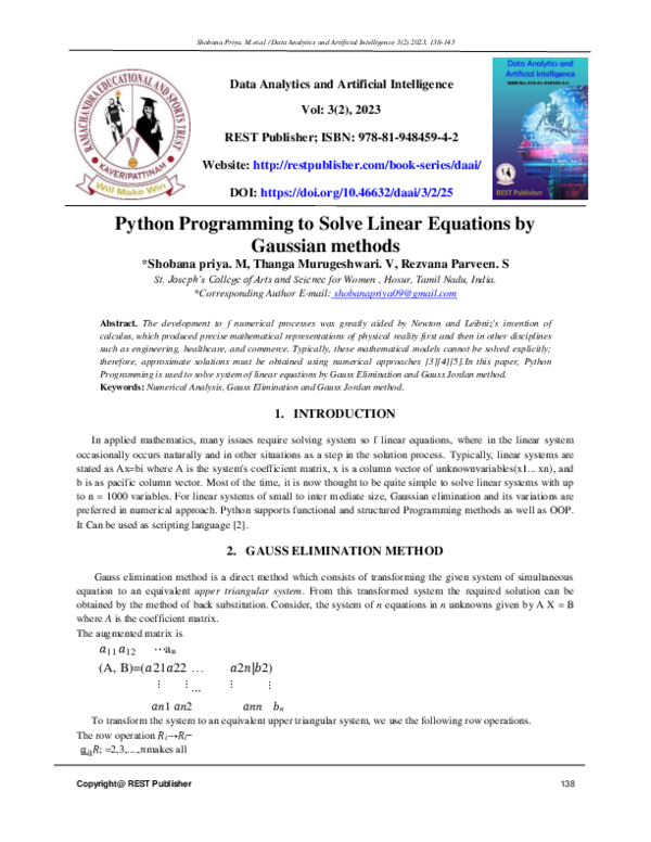 (PDF) Python Programming to Solve Linear Equations by Gaussian methods