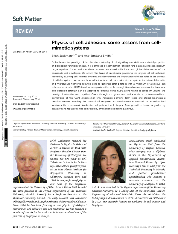 (PDF) Physics of cell adhesion: some lessons from cell-mimetic systems
