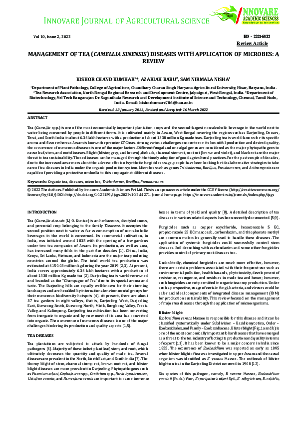 (PDF) Management of tea (Camellia sinensis) diseases with application of microbes: A Review