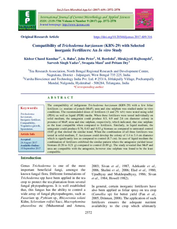 (PDF) Compatibility of Trichoderma harzianum (KBN-29) with Selected inorganic Fertilizers: An In ...