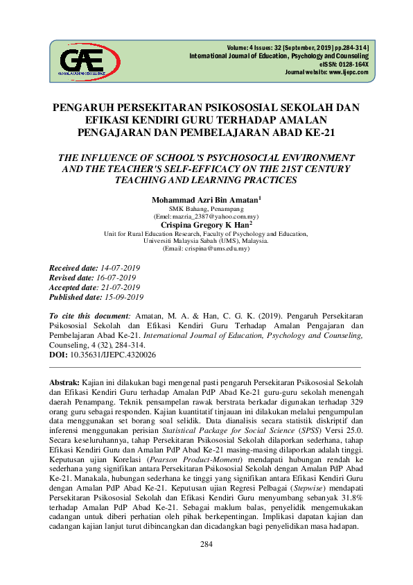 (PDF) The Influence of School’s Psychosocial Environment and the ...