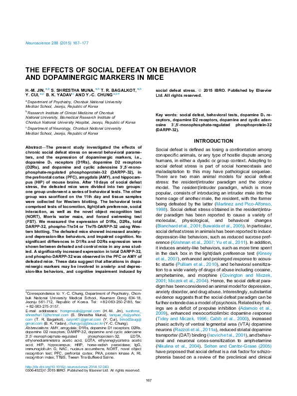(PDF) The effects of social defeat on behavior and dopaminergic markers ...
