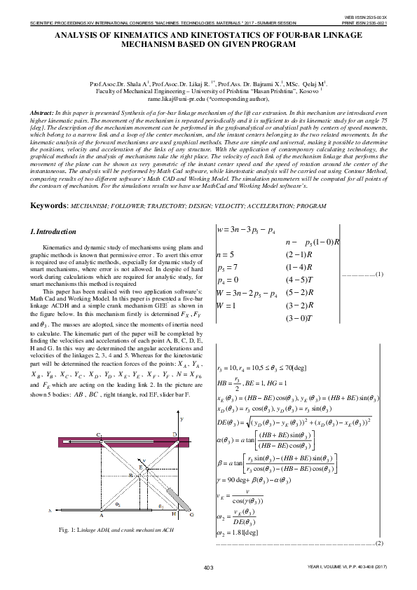 (PDF) Analysis of Kinematics and Kinetostatics of Four-Bar Linkage ...