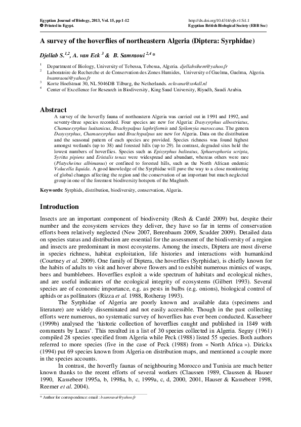 (PDF) A survey of the hoverflies of northeastern Algeria (Diptera: Syrphidae)