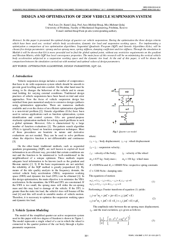 (PDF) Design and Optimisation of 2DOF Vehicle Suspension System