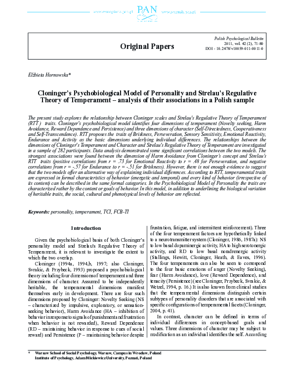 (PDF) Cloninger's Psychobiological Model of Personality and Strelau's Regulative Theory of ...