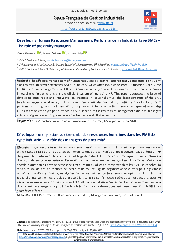 (PDF) Developing Human Resources Management Performance in Industrial type SMEs