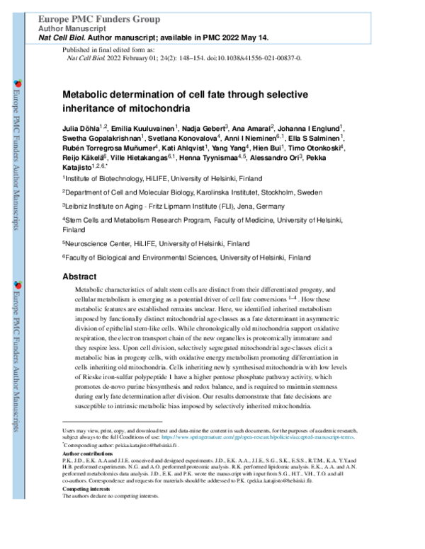 (PDF) Metabolic determination of cell fate through selective inheritance of mitochondria