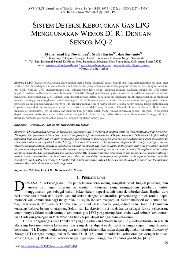 (PDF) Sistem Deteksi Kebocoran Gas LPG Menggunakan Wemos D1 R1 Dengan Sensor MQ-2
