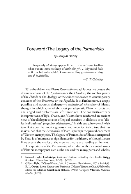 (PDF) Foreword : The Legacy of the Parmenides