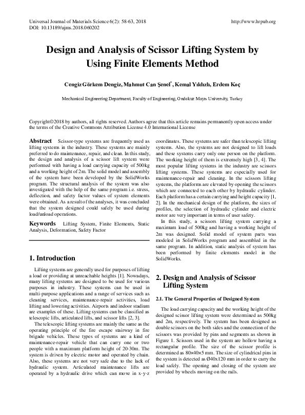(PDF) Design and Analysis of Scissor Lifting System by Using Finite Elements Method