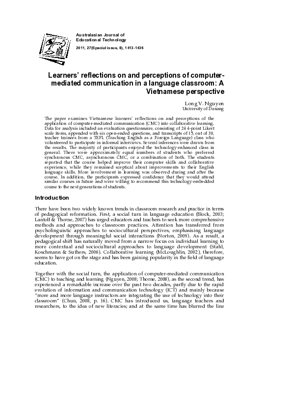 Pdf Learners Reflections On And Perceptions Of Computer Mediated Communication In A Language